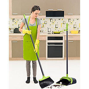 Broom and Dustpan,Indoor Broom and Dust Pans with Long Handle Up to 54 Inches,Broom and Dustpan Set for Home,Standing Upright Broom with Dustpan Combo Set for Kitchen Room Office Lobby Floor(Green)