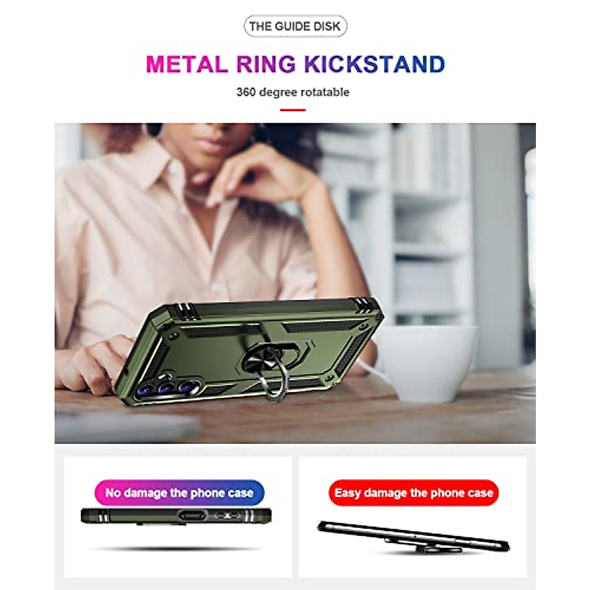 YAUPON a14 5g case Military Bracket Phone case with Metal Kickstand Ring Fall Protection Holder Cases Stand Cover for Samsung Galaxy A14 5G 6.6 inch - Army Green