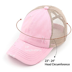 C.C Exclusives Washed Distressed Cotton Denim Criss-Cross Ponytail Hat Baseball Cap Bundle Hair Tie (BT-780)(BT-791) (A Elastic Band-Baby Pink)