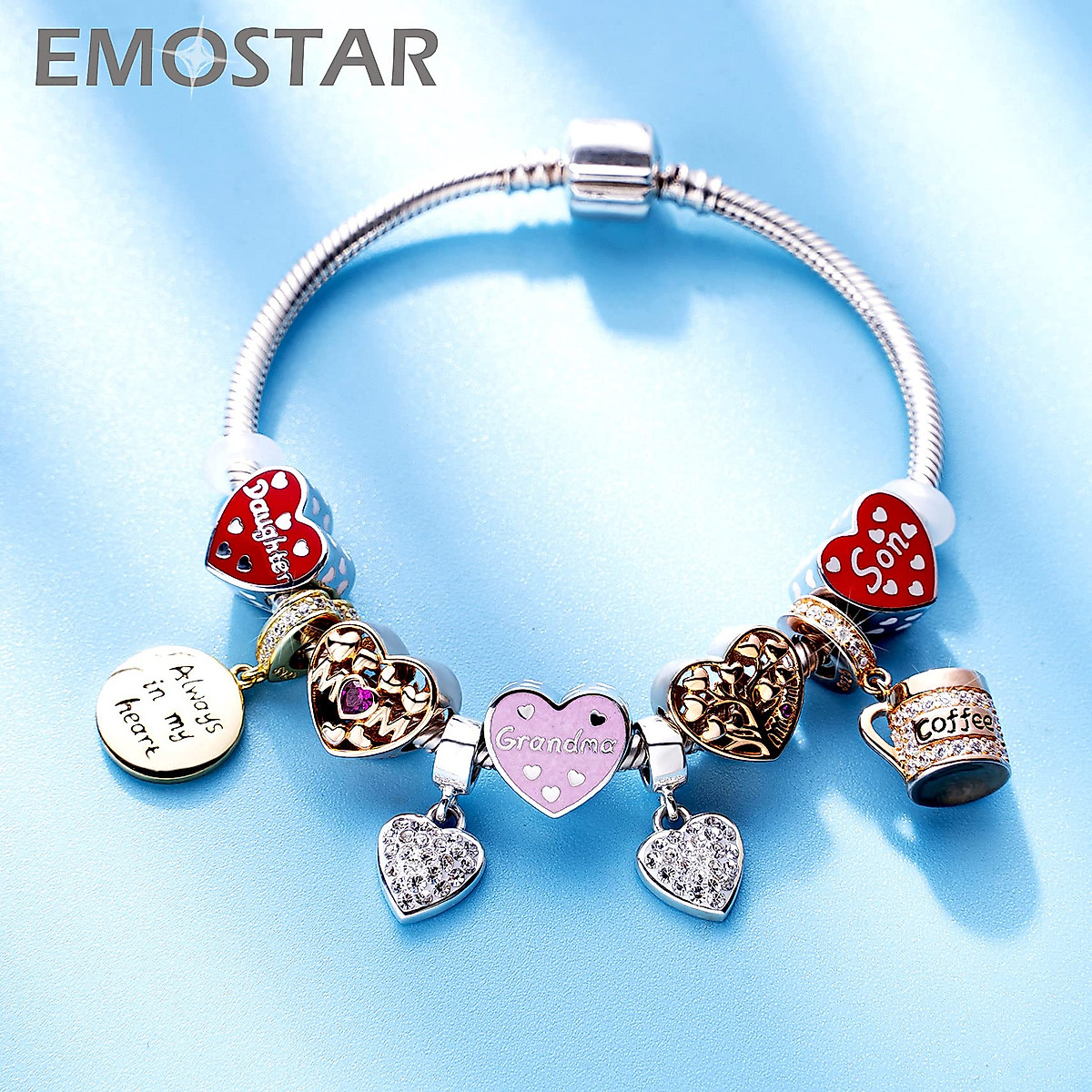 Grandma Heart Charms, 925 Sterling Silver I Love You Grandmother Grandmom Beads with Pearl Pink Enamel, fits Pandora Mothers Day Bracelet, Gifts for Nonna/Abuela/Babcia