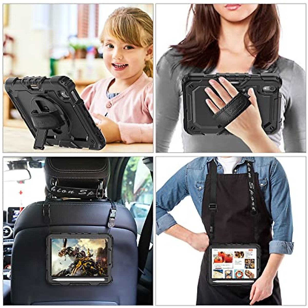 SEYMAC stock iPad Mini 6 Case 8.3’’ 2021 with Screen Protector Pencil Holder [360 Rotating Hand Strap] &Stand, Drop-Proof Case for iPad Mini 6th Generation 8.3'', Black