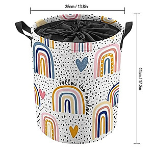 Laundry Hamper Hand Drawn Rainbow Hearts Fabric Storage Basket Round Collapsible Colorful Neon Dot Laundry Baskets with Drawstring Closure for Bedroom Living Room Bathroom