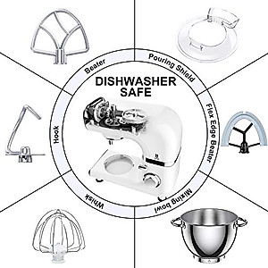 Electric Stand Mixer, UTALENT 6 Adjustable Speeds Automatic Tilt-Head Mixer with Flex Edge Beater(Bowl Scraper), Egg Whisk, Dough Hook, Flat Beater, Splash Guard and 4.2 QT Stainless Steel Bowl for Baking, Butter, Cakes and Cookies - White