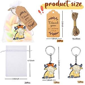 XLENGO 72 Pack Highland Cow Party Return Favors with 24 Highland Cow Keychains, 24 Thank You Tags and 24 Gift Bags for Baby Shower Birthday, Carnival Rewards, Cow Party Favors