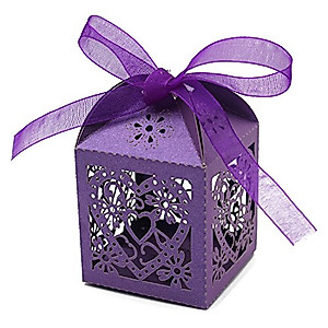 KPOSIYA 70 Pack Love Heart Laser Cut Wedding Party Favor Box Candy Bag Chocolate Gift Boxes Bridal Birthday Shower Bomboniere with Ribbons