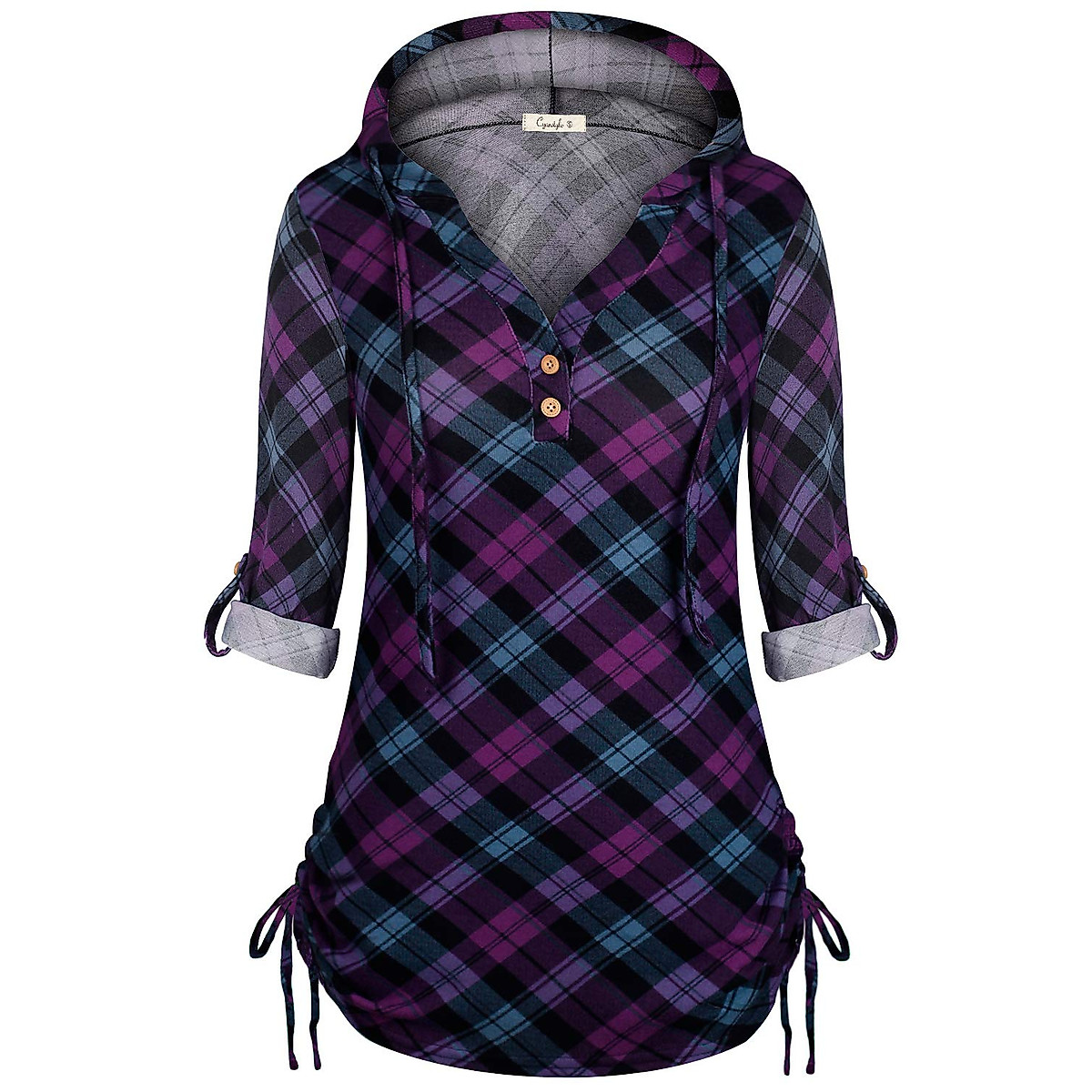 Cyanstyle Women's Long Sleeve Henley V-Neck Button Sweatshirt Tunic Hoodies Casual Pullover with Drawstring Purple Plaid Medium