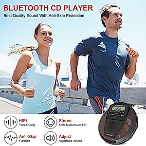 Rechargeable CD Player Portable with Bluetooth,Compact Anti-Skip Shockproof Portable CD Player with Earphone,Walkman CD Player with Stereo Speakers&LCD Display for Car/Home/Travel (AUX Output)