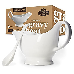 MaKar Gravy Boat, 15 oz, Spoon, Gravy Boat for Salad Dressings Milk, Sauce, Broth, Creamer, Microwave & Dishwasher Safe