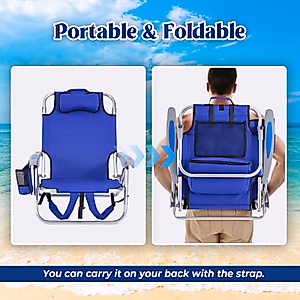 Canpsky Portable Beach Chair for Adults, Outdoor Lightweight Camping Chair Lay Flat Folding Backpack Beach Reclining Chair with 4 Positions, Headrest, Cooler Pouch, Cup Holder, New Striped