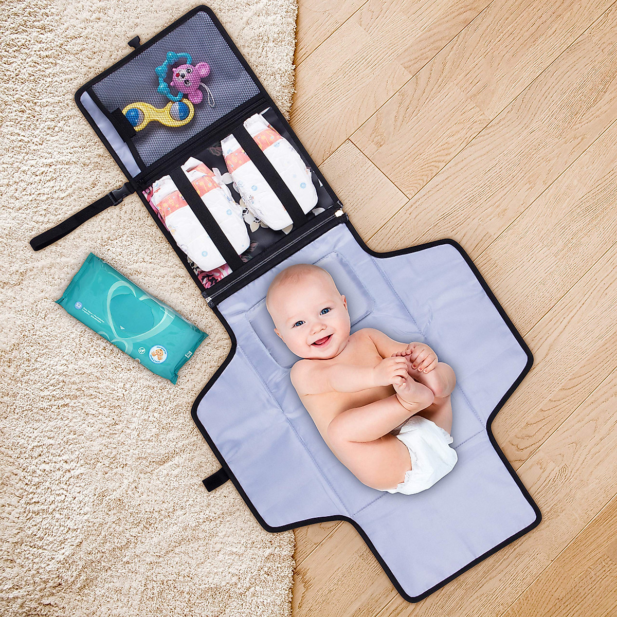 Portable Diaper Changing Pad Thick Cushion Pillow - Foldable Clutch Bag Travel Changing Mat Detachable Wipe Pockets Baby Gift - Black Pink Floral Rose