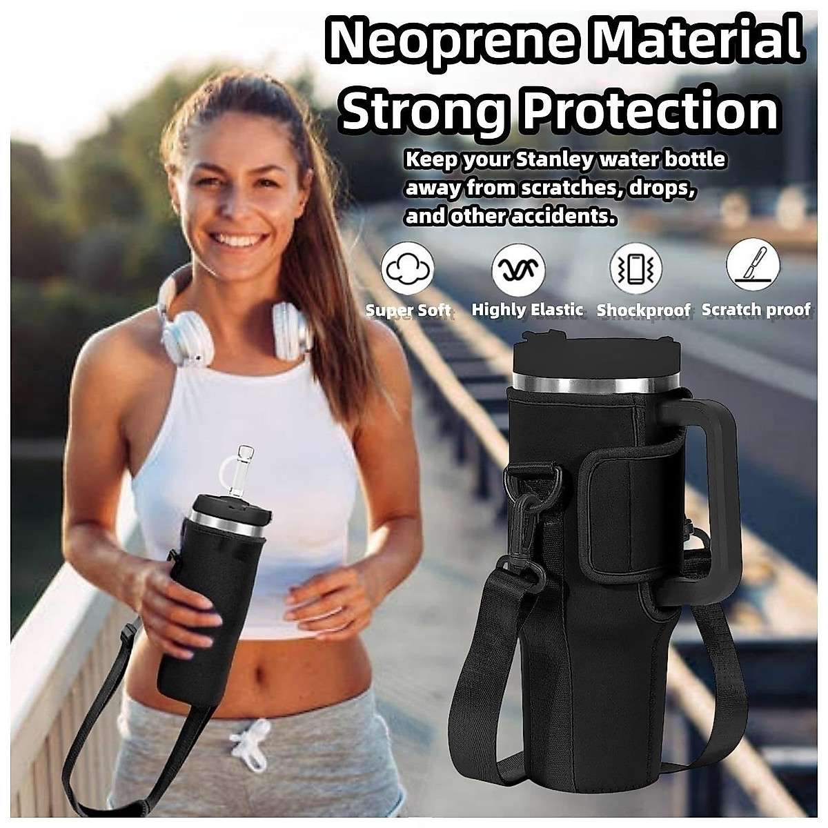 Narvokey Water Bottle Carrier Strap Fits Stanley Quencher H2.0, 40oz,Included 3Set Straw Stopper, Pouch Bag with Adjustable Shoulder Strap (Red)