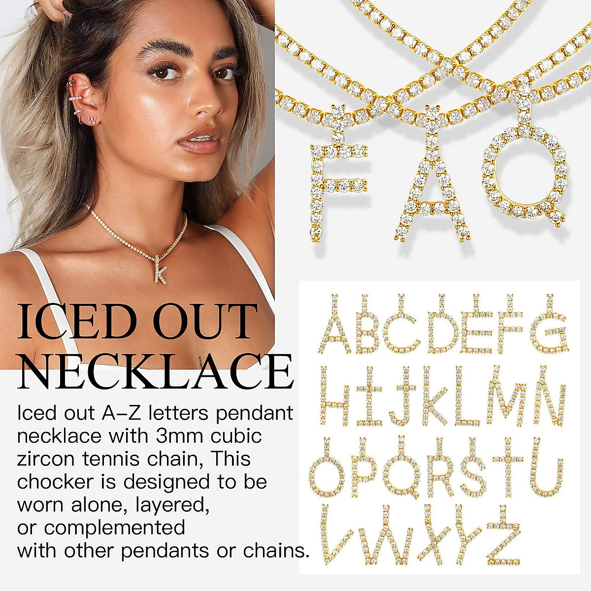 Suplight Tennis Chain Initial Necklace, Choker Chain with Pendant, Womens Bling Necklace, Cubic Zirconia CZ Micro Pave A-Z Alphabet Letter Necklaces for Women