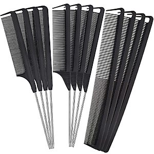 Patelai 12 Pieces Parting Comb for Braids Rat Tail Steel Pintail Fine Teeth Heat Resistant Teasing Combs with Stainless Steel Pintail(Black)