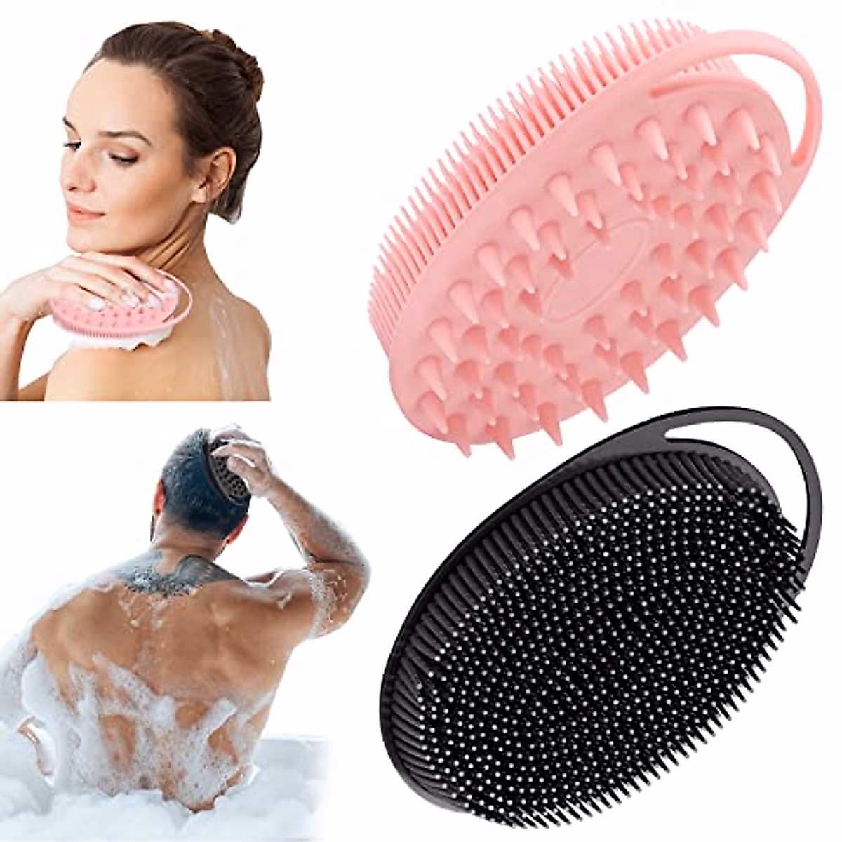 2 Pack Silicone Body Scrubber, 2 in 1 Bath and Shampoo Brush, Soft Silicone Loofah for Sensitive Skin, Double-Sided Body Brush for Men Women, Lathers Well, Gentle Exfoliating (Black, Pink)