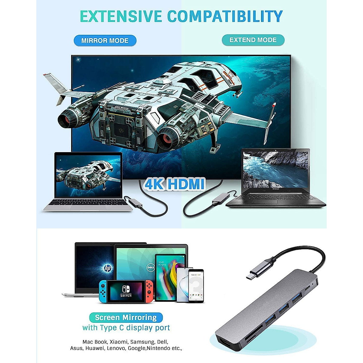 USB C Hub to HDMI Adapter, Sharllen 8 in 1 USB C Multiport Docking Station Connector with 4K HDMI, 3 USB 3.0 Ports, SD/TF Card Reader 100W PD Charging Compatible MacBook Pro/ Air ,Type C Devices