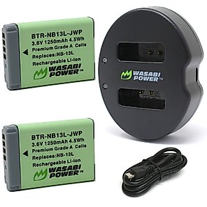 Wasabi Power Battery (2-Pack) Dual Charger for Canon NB-13L, PowerShot G1 X Mark III, G5 X, G5 X Mark II, G7 X, G7 X Mark II, G7 X Mark III, G9 X, G9 X Mark II, SX620 HS, SX720 HS, SX730 HS, SX740 HS