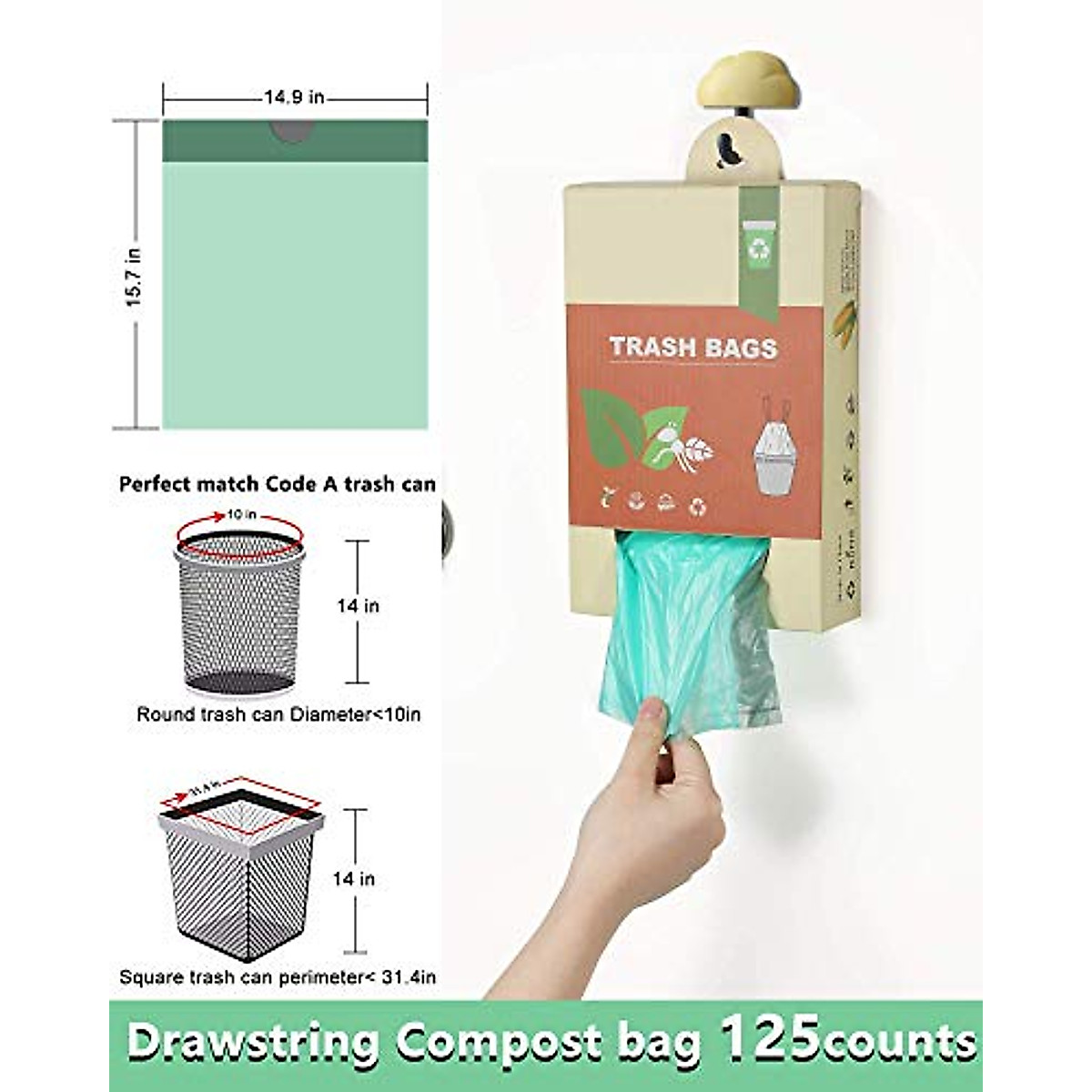 1.2 Gallon Trash Can Liners,125 Counts Drawstring Mini Trash Bags, Strong Small Compostable Trash Bags Small Bathroom Trash Bags for Home Kitchen Office Fit 4.5-5 Liter Trash Can,1-1.5 Gallon (Green)
