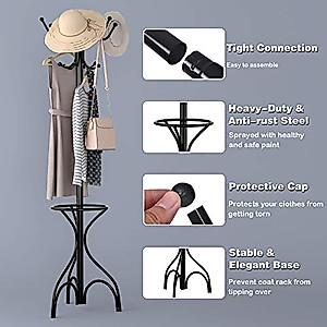 Tangkula Coat Rack Freestanding, 75 Inch Heavy Duty Metal Coat Hanger Stand with Umbrella Holder, Entryway Hat Jacket Hanger with 12 Hooks for Scarf Crutch Bag Coat, Standing Coat Tree Rack(Black 003)