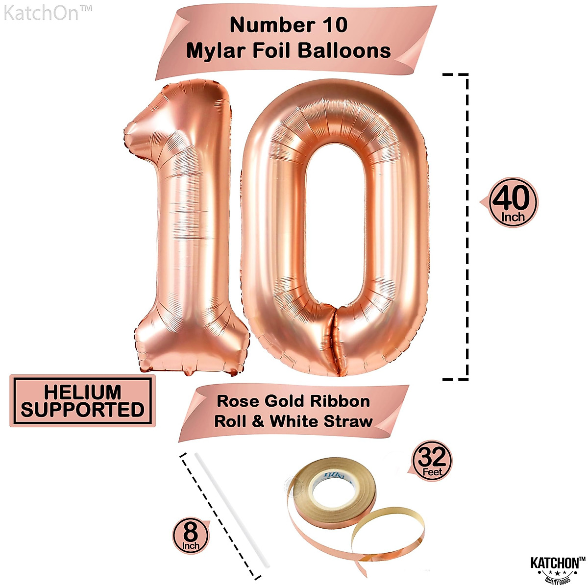 KatchOn, Giant Rose Gold 10 Balloon Number - 40 Inch, Pack of 12 | Rose Gold 10 Balloon with Confetti Balloons | Rose Gold 10th Birthday Decorations for Girls | Happy 10th Birthday Balloons for Girls