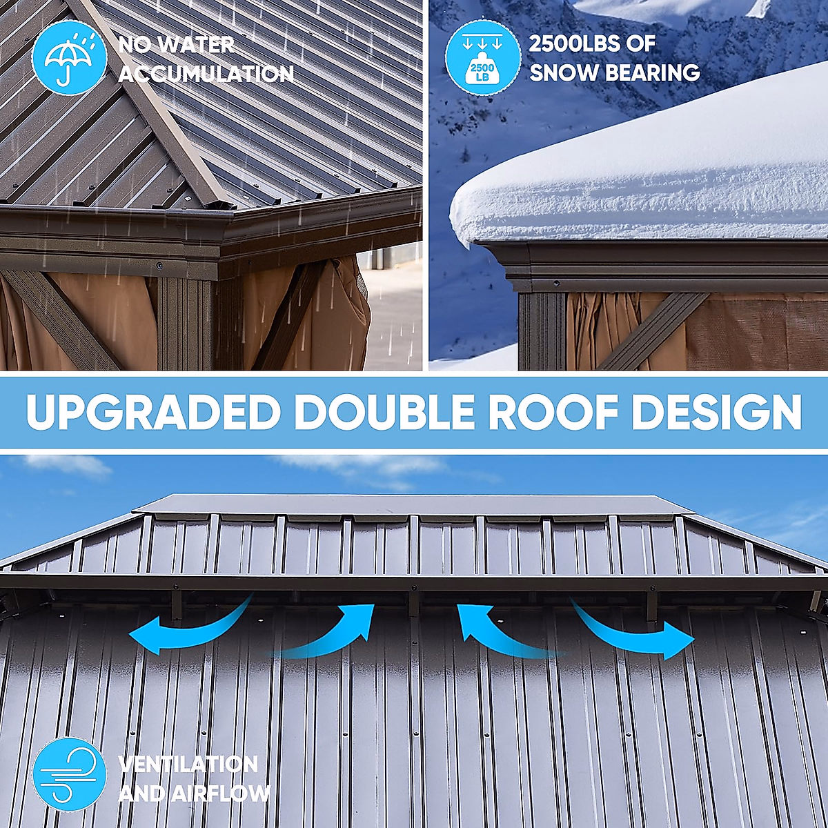 12’ X 12’ Hardtop Gazebo Double Roof Galvanized Steel Combined of Vertical Stripes Canopy Outdoor Aluminum Frame Patio Permanent Metal Pavilion with Nettings and Curtains for Deck Backyard Lawn Garden