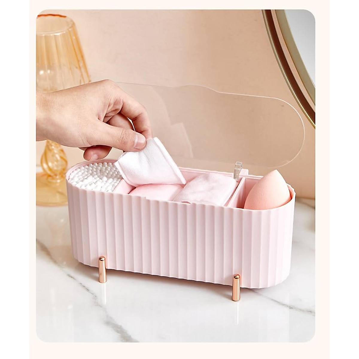 ZHSteveG Qtip Cotton Pad Holder Dispenser Clear Lid Qtip Dispenser Cotton Rounds for Bathroom Countertop Apothecary Box Clear Acrylic Organizer for Cotton Ball Cotton Swab Q-tips (Pink)