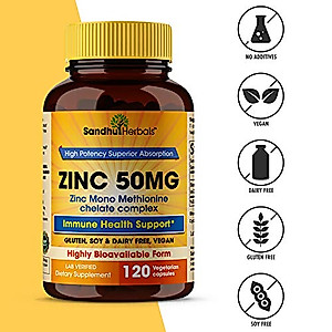 Zinc 50mg Supplement 120 Vegetarian Capsules, Zinc Highly Absorbable Supplements for Immune Support System, Gluten Free Zinc Supplement