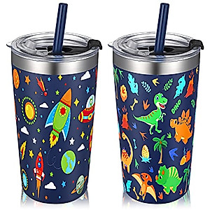 2 Pcs Kids Cups with Straw and Lid, Toddler Smoothie Cup Spill Proof Vacuum Stainless Steel Insulated Tumbler for Boys, Powder Coated Baby Child Cup + BPA Free Lids + Silicone Straws (12 Oz, Cute)