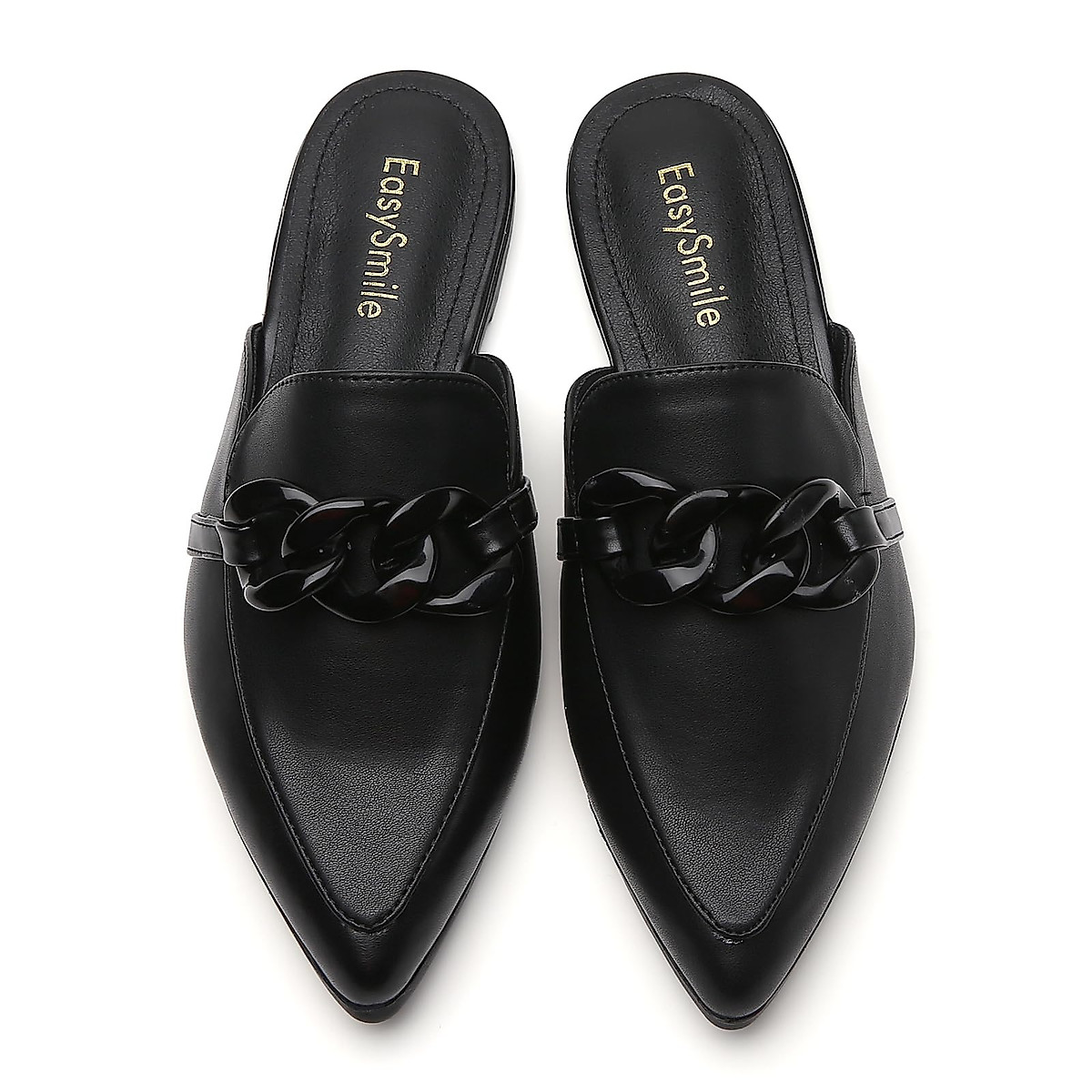 EasySmile Metal Chain Decor Flat Mules for Women Closed Pointed Toe Slip on Loafers Slides Backless Mules Shoes