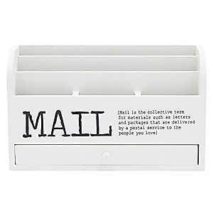 Juvale White Mail Organizer for Desktop, Wooden Mail Sorter Storage Box for Countertop, Home Office, Farmhouse-Style 3-Tier Holder with Drawer for Files, Bills and Letters (11 In)