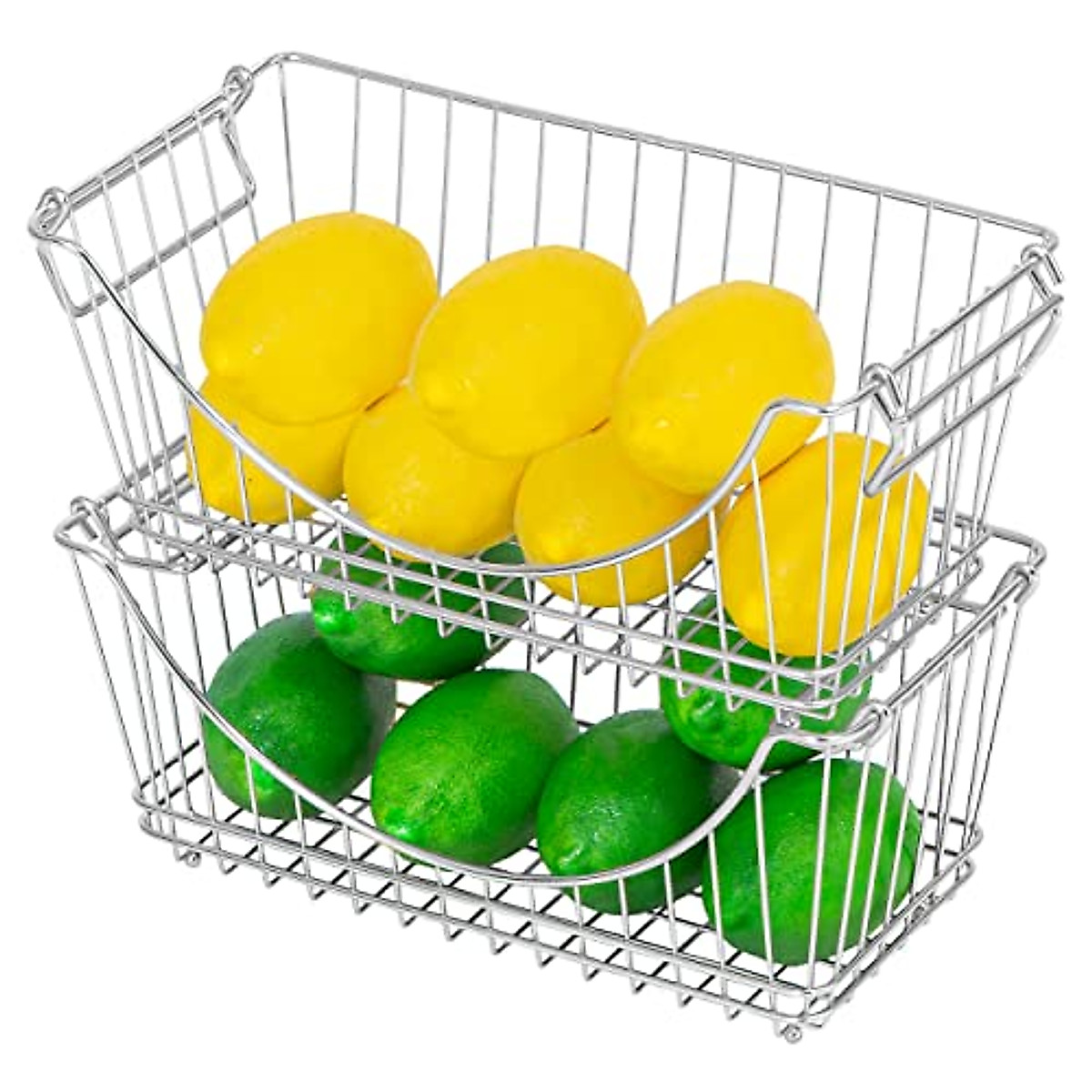 Smart Design Stacking Baskets Organizer w/ Handle - Medium - Steel - for Food, Fruit, & Vegetable Safe - Kitchen (12.63 x 5.5 Inch) [Chrome] (2 Pack)