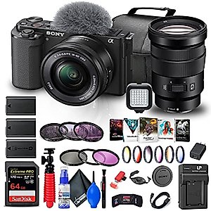 Sony ZV-E10 Mirrorless Camera with 16-50mm Lens (Black) (ILCZV-E10L/B) + Sony 18-105mm Lens + 64GB Memory Card + Color Filter Kit + Filter Kit + Corel Photo Software + Bag + More (Renewed)