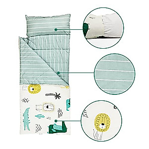 NEDVI Toddler Nap Mat with Carry Bag,Sleeping Bag with Removable Pillow,Measure 55x 21 x 1.5 Inches,Toddler Travel Bed,Lightweight - Cotton Soft,for Preschool, Daycare, Camping- Crocodile