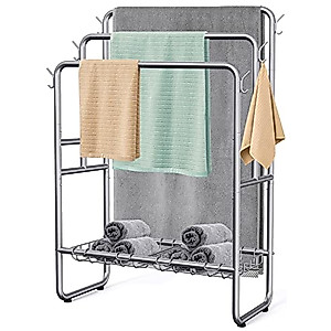 40" H Standing Towel Rack with 2 Storage Baskets & 6 Hooks, 3 Tier Silver Metal Towel Holder for Extra Large Towel, Modern Industrial Blanket Ladder Display and Drying Rack for Bedroom Bathroom