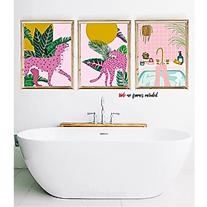 YIMEHDAN Moroccan Leopard Wall Art Print -- Jungle Animal with Tropical Leaves Canvas Print -- Abstract Pink Cheetah and Plant Artwork for Bathroom Home Decor ( Set of 6 ) -- Unframed -- 8X10 inch