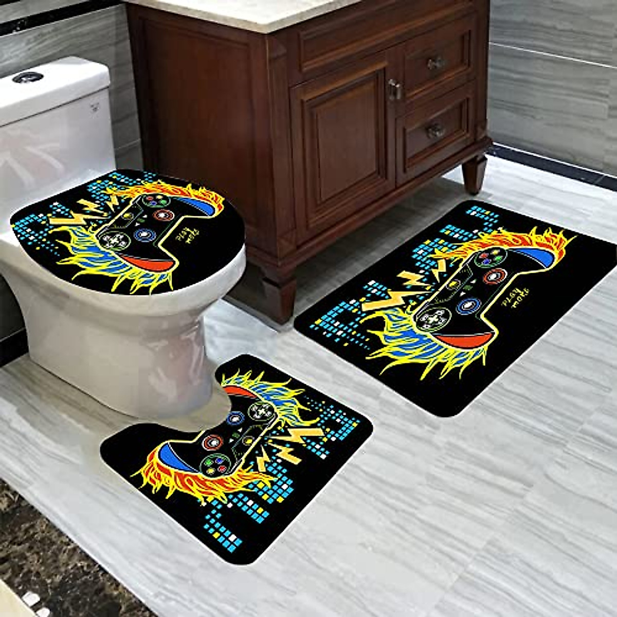 BATATADOCE Gaming Shower Curtains Bathroom Sets with Shower Curtain and Rugs Gamer Controller Curtains Kids Bathroom Decor Boys Bathroom Decor Sets Shower Curtain Sets 70x70 Inch