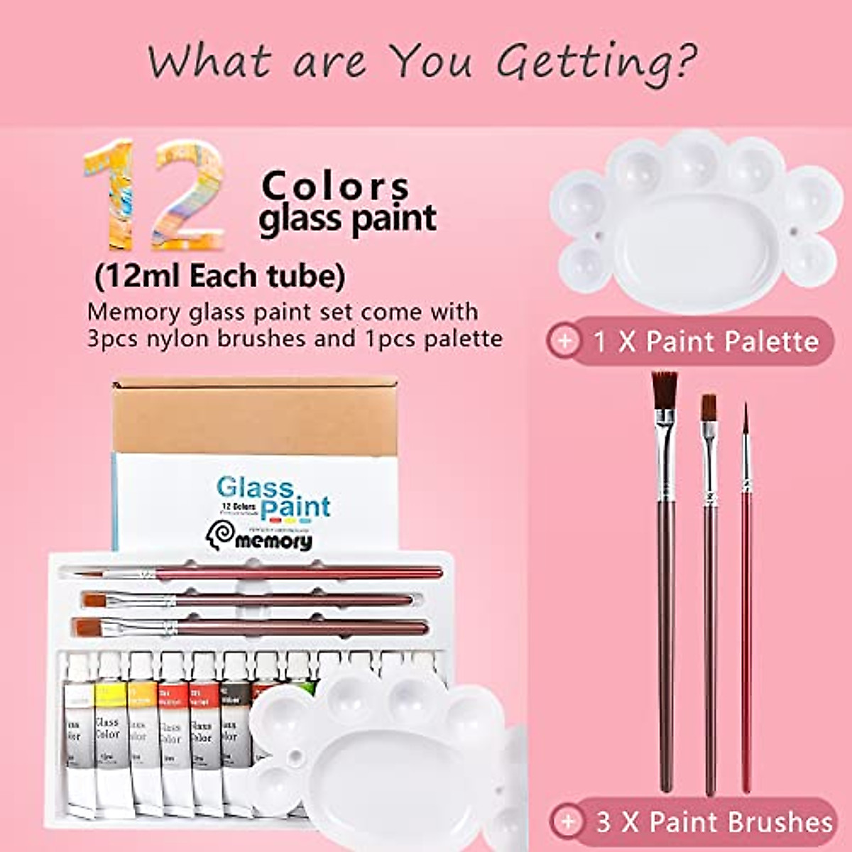 Colorful Stain Glass Paint Kit with 12 Colors, 3 Nylon Brushes, 1 Palette, Permanent Acrylic Enamel Painting Set to Create Translucent Arts on Transparent Wine Glasses, Enamel, Window and Ceramics