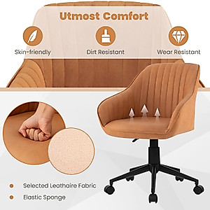 Giantex Leather Office Chair Brown, Mid Century Desk Chair with Wheels and Ergonomic Armrests, Adjustable Swivel Rolling Task Chair, Upholstered Leisure Arm Chair for Home Office Study Bedroom (1)