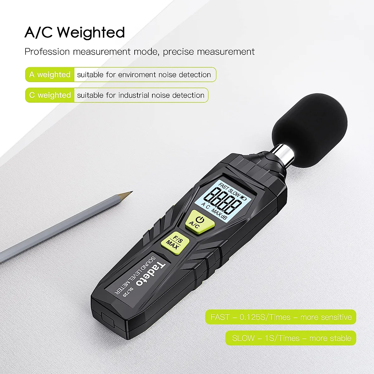 Decibel Meter, Tadeto Digital Sound Level Meter Portable SPL Meter 30dB to 130dB MAX Data Hold with LCD Display Backlight A/C Weighted for Home Factories