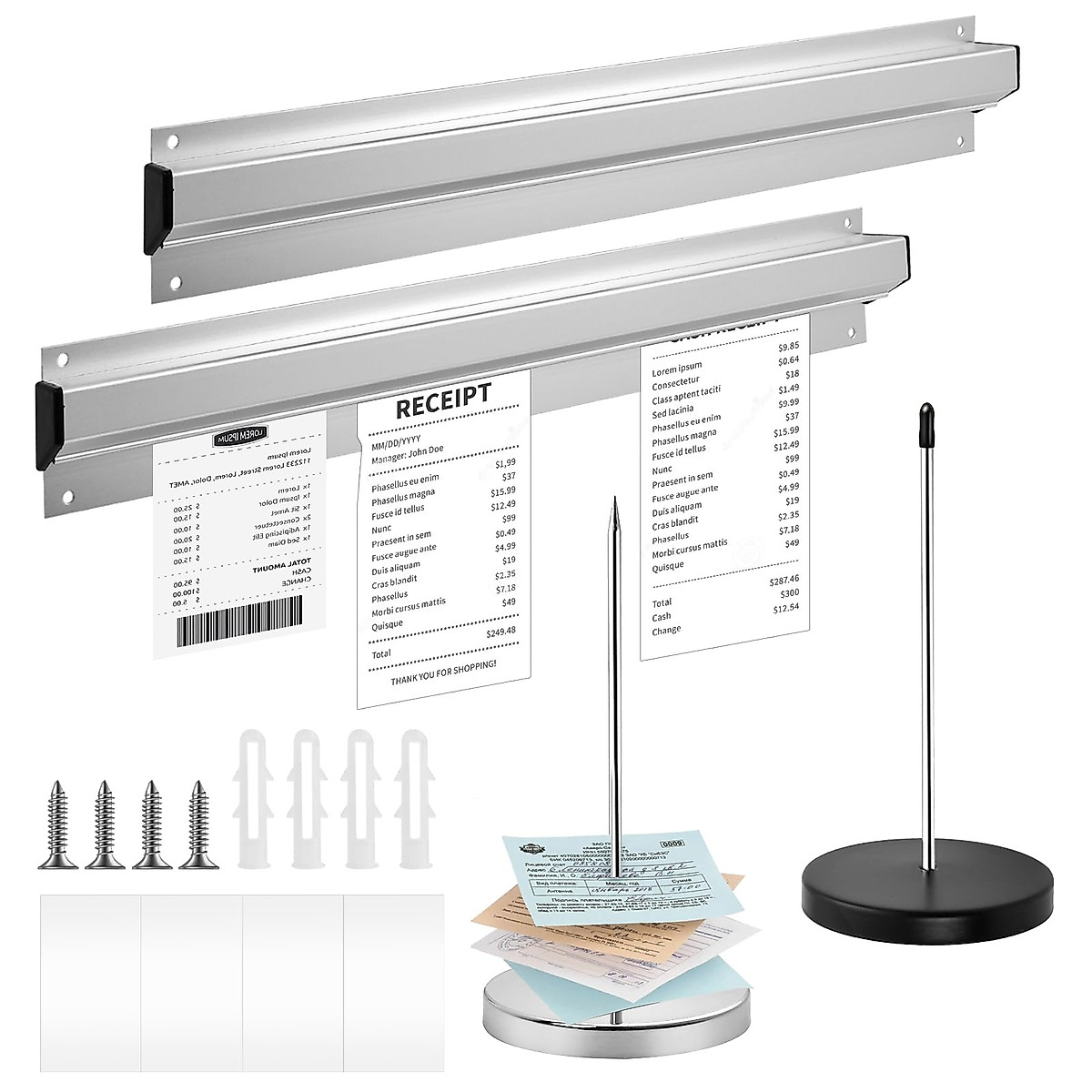 Elesunory 4 Pcs Ticket Holder for Restaurant, Receipt Holder for Restaurant, Keep Orders Organized, 16 in Sliver Aluminum Slide Check Rack and 5.5 in Receipt Spike for Kitchen Office Cafes Bar