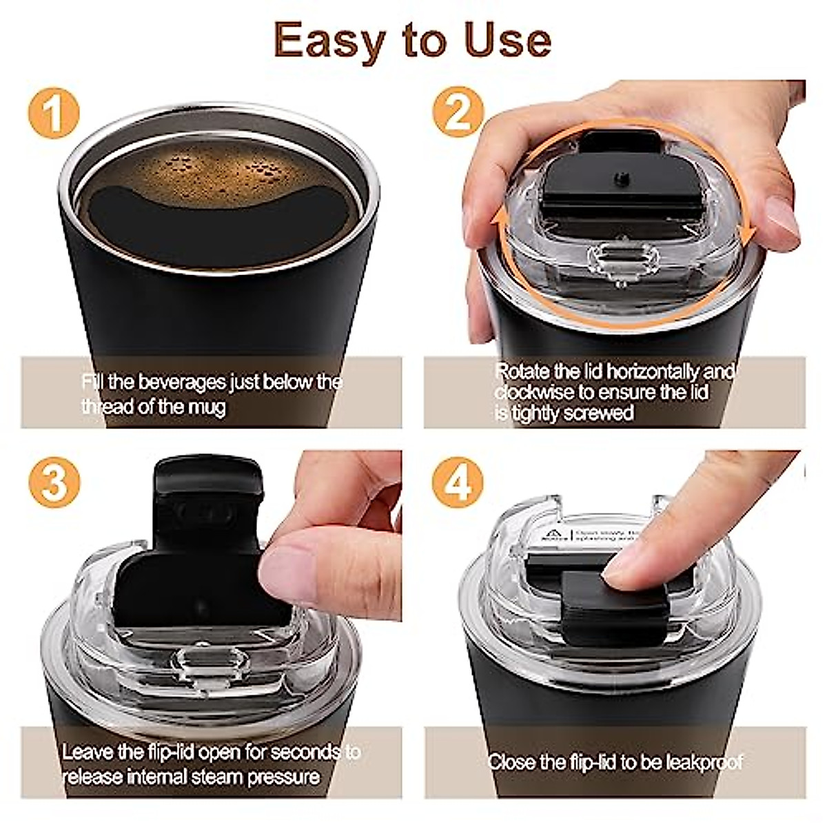 PHILORN Travel Coffee Mug Spill Proof -12 OZ Insulated Coffee Mug With Lid, Black Stainless Steel Coffee Mug with Double Wall, Coffee Cup For Hot and cold Drinks