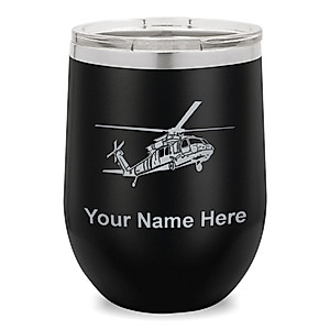 LaserGram Double Wall Stainless Steel Wine Glass Tumbler, Military Helicopter 1, Personalized Engraving Included (Black)