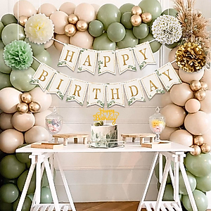 Sage Green Birthday Decorations, Olive Green Gold White Sand Balloons Happy Birthday Banner Tablecloth Gold Fringe Curtain Paper Pom Poms for Kids Women Men Girls Boys Birthday Green Party Decor