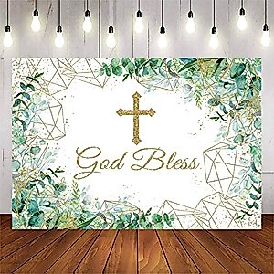 Avezano God Bless Backdrops First Holy Communion Banner Baptism Christening Party Decorations Eucalyptus Green Leaves Newborn Baby Shower Baptism Photography Background 7x5ft
