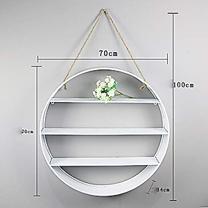 PIBM Stylish Simplicity Shelf Wall Mounted Floating Rack Shelves American Style Iron Art Round Hemp Rope Sofa Background Bookshelf Coffee Shop,3 Layers, White , Diameter 70 cm