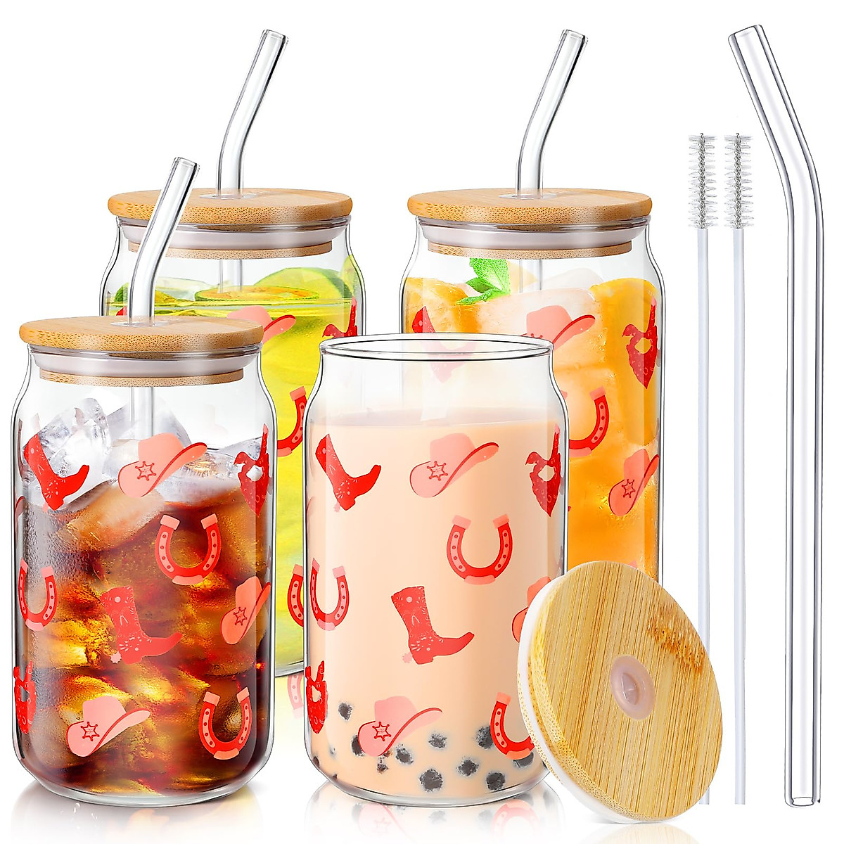 Yaomiao 4 Sets Glass Cups with Bamboo Lids and Straws, 16 oz Drinking Beer Can Iced Coffee Cup with Lid Straw and Cleaning Brush Reusable Tumbler Drinking Glass Coffee Gift Idea (Cowgirl)