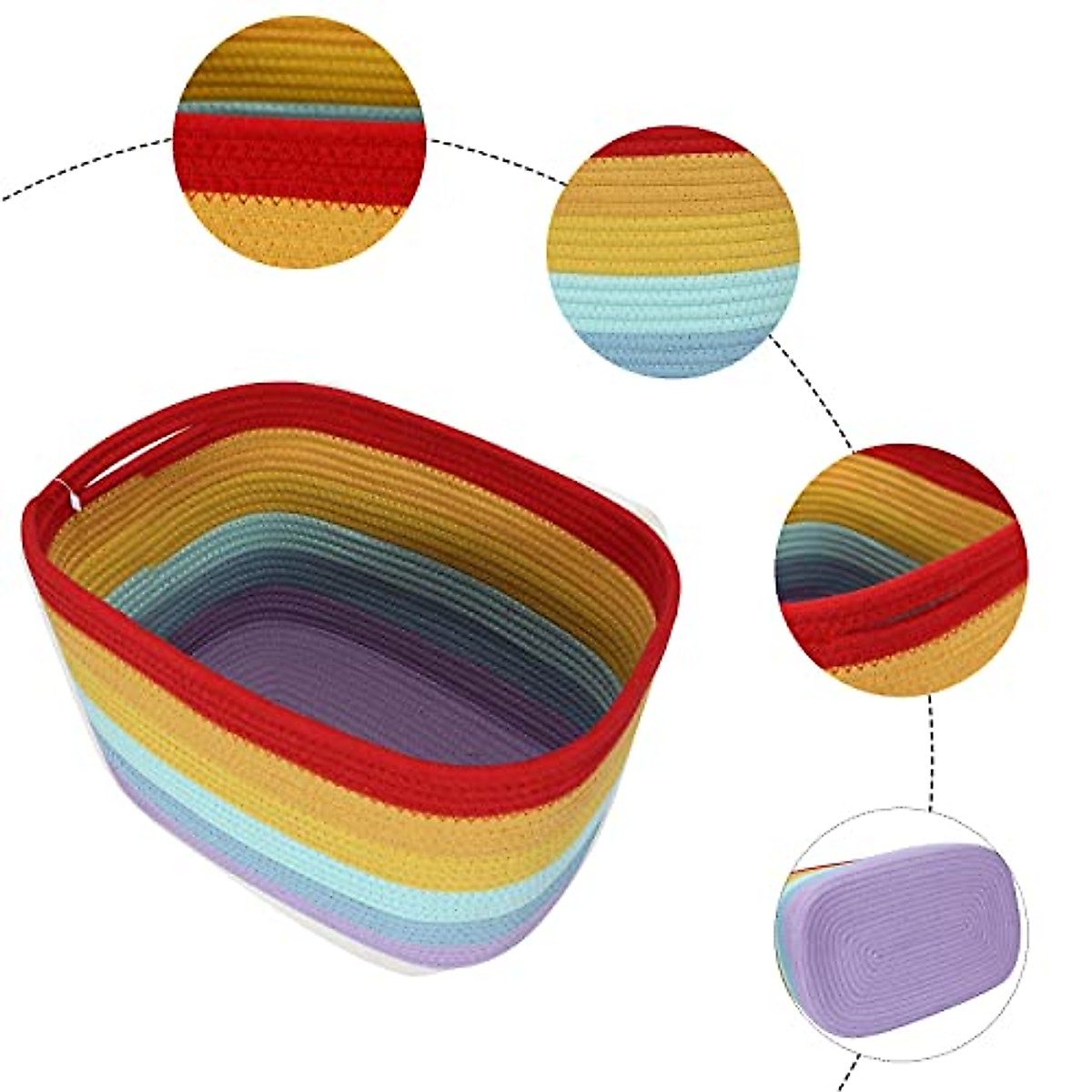 AUSSIY 1 Pack Rope Baskets for Storage Basket, Cotton Rope Woven Basket with Handles. Blanket Basket for Storing Clothes, Toys, Books, Shelves etc, 15''L x 10''W x 9.5''H, Rainbow Baskets