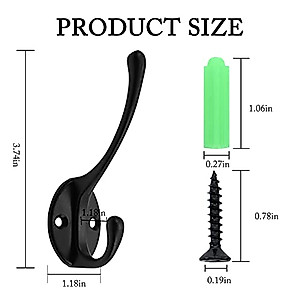 Potaosey 15PC Black Coat Hooks, Black Hooks for Mudroom,Double Prongs Coat Hooks,Retro Hooks Wall Mounted,Towel Hooks,Robe Hooks