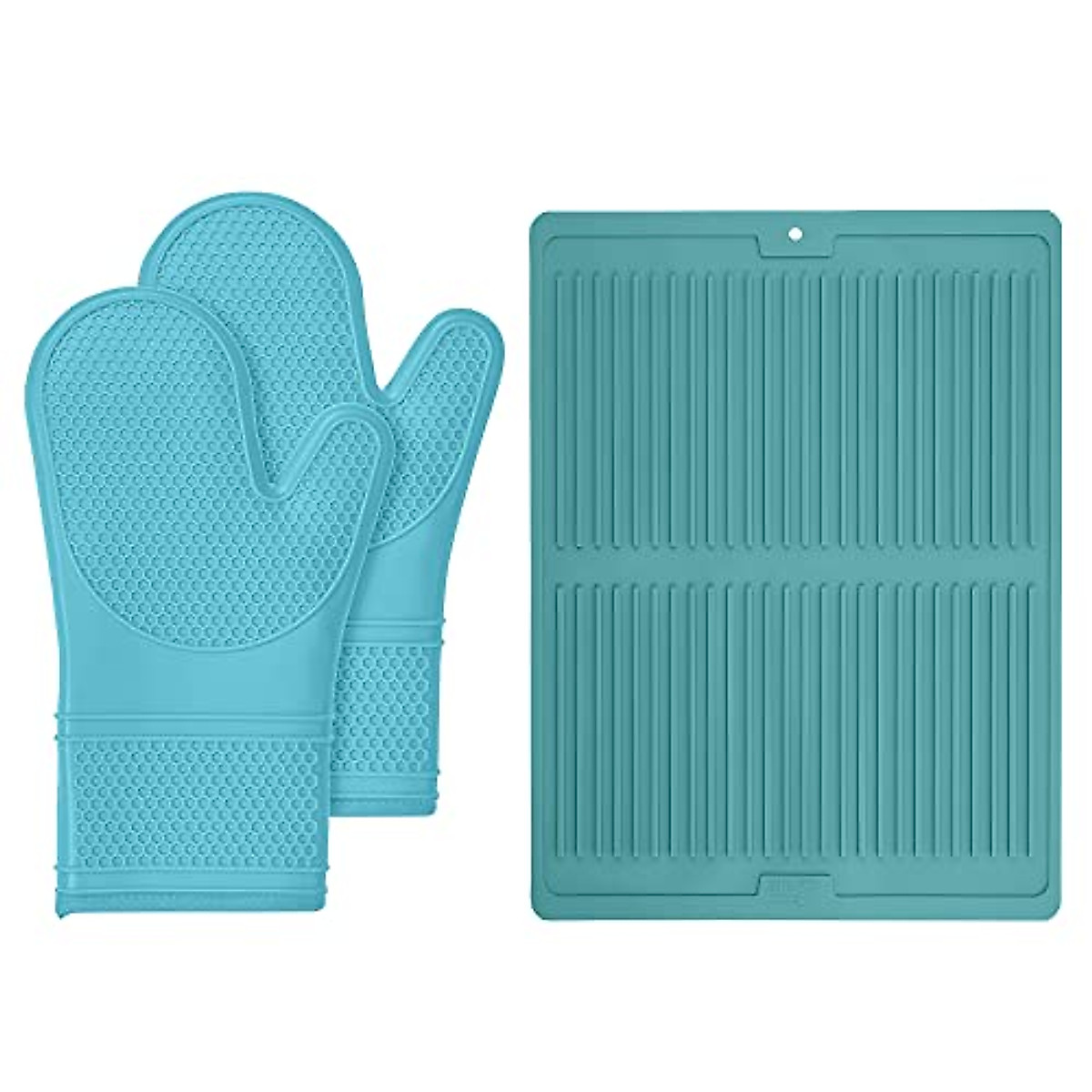 Gorilla Grip Silicone Oven Mitts Set and Silicone Dish Drying Mat, Both in Turquoise Color, Oven Mitts are Heat Resistant, Drying Mat is Size 16x12, 2 Item Bundle