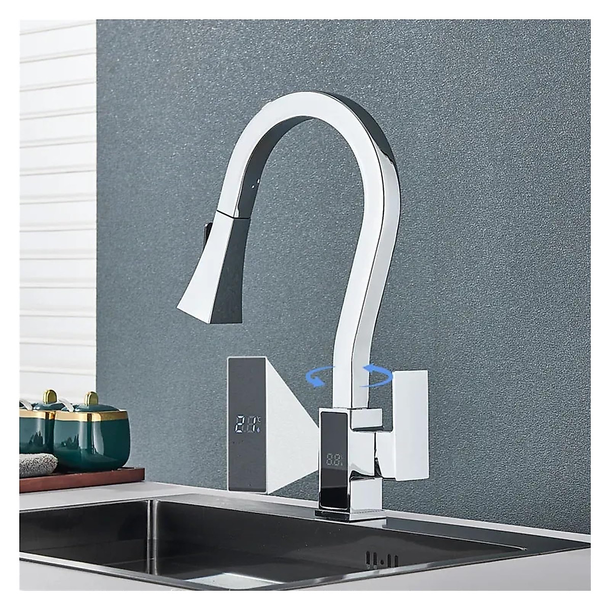 1PCS Pull-Out Kitchen Faucet Digital Temperature Display Sink Faucet Kitchen Mixer Faucet Brass Mixer Faucet Crane 360 ​​Degree Rotation (Color : Chrome)