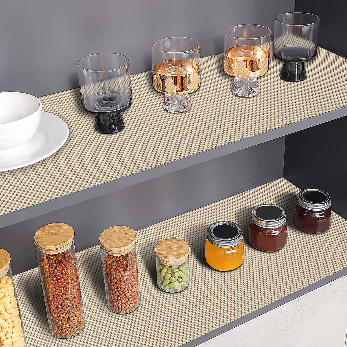 RAY STAR 12X48 Inch Shelf Liner for Kitchen Cabinets, Non-Adhesive Cabinet Liner Washable, PVC Drawer Liner for Dresser Non-Slip Bathroom Beige